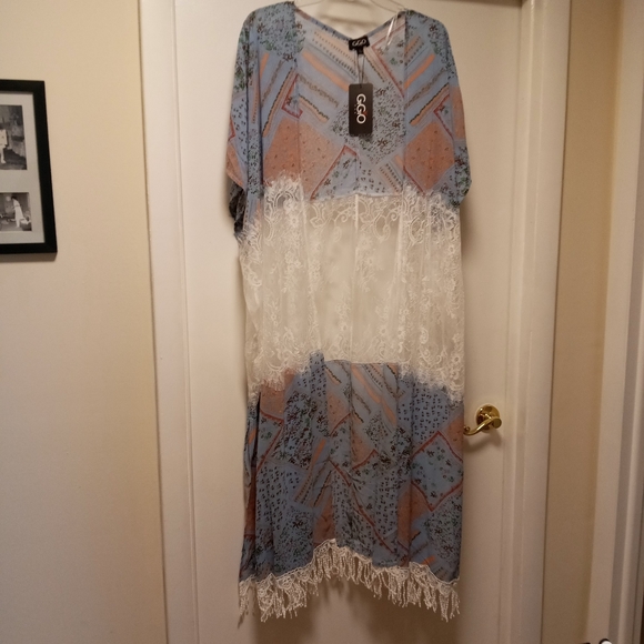 Gigio | Tops | Gigio Blue Floral Patch Print Lace Duster Kimono ...